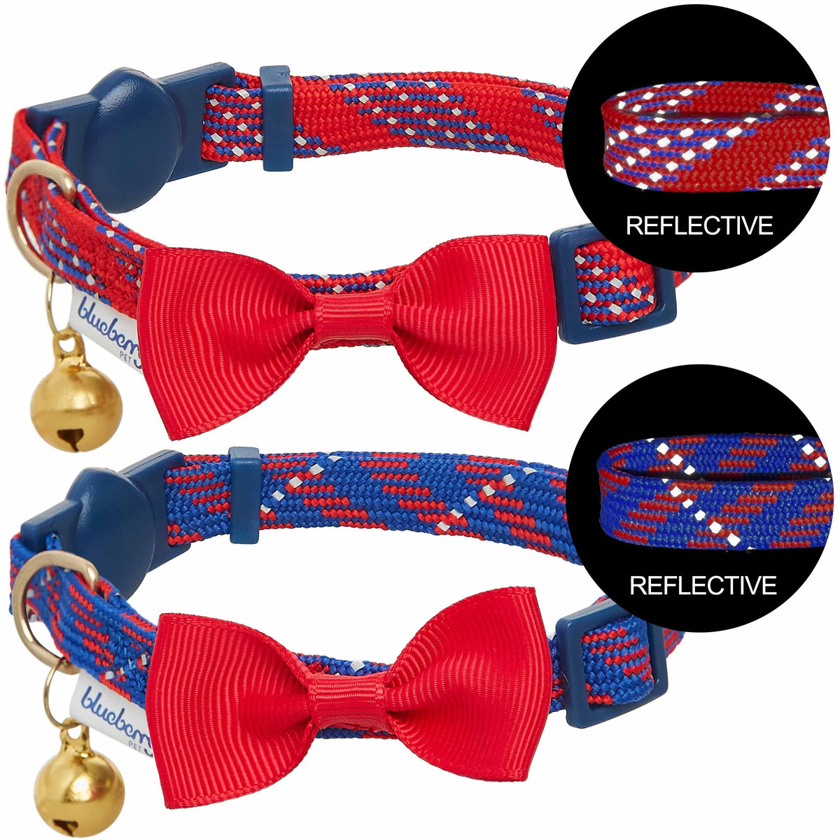 Reflective Striped Cat Collar With Red Bow Tie Bell | Blueberry Pet